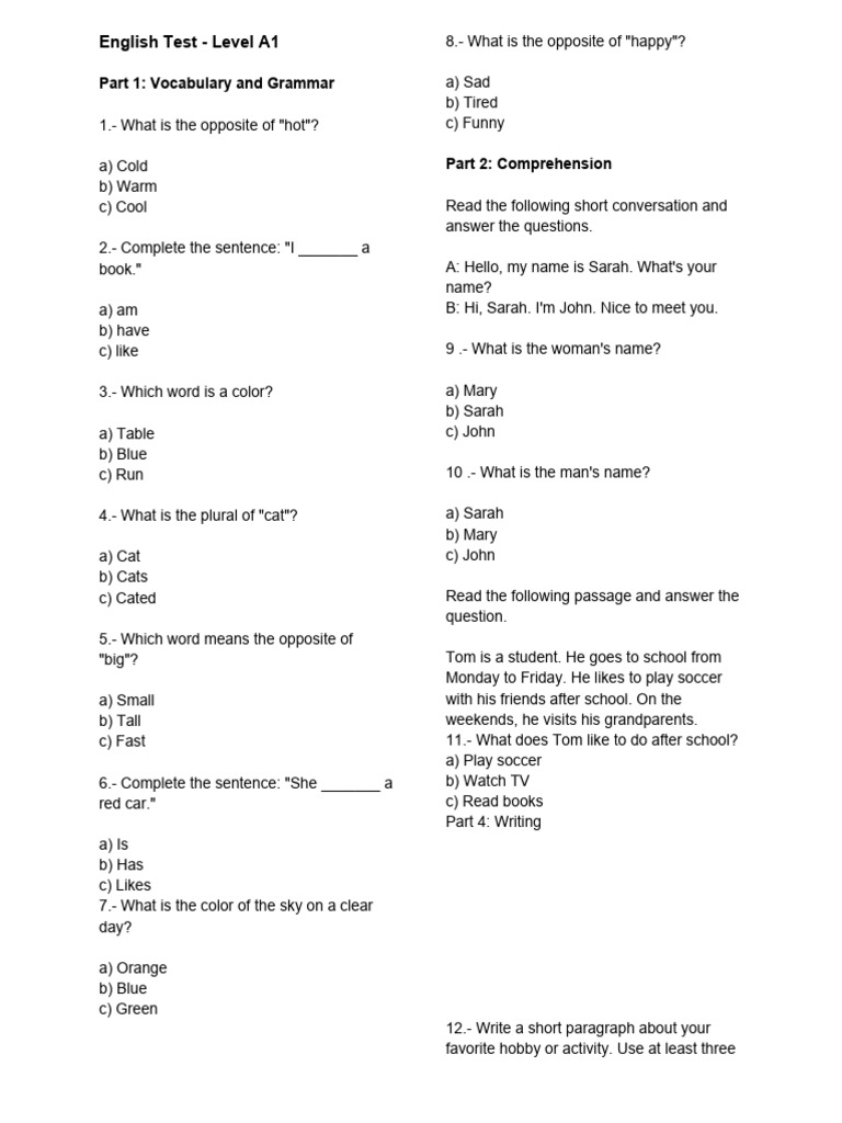 English A1 & A2 Test: Vocabulary & Writing | PDF | Language Arts ...