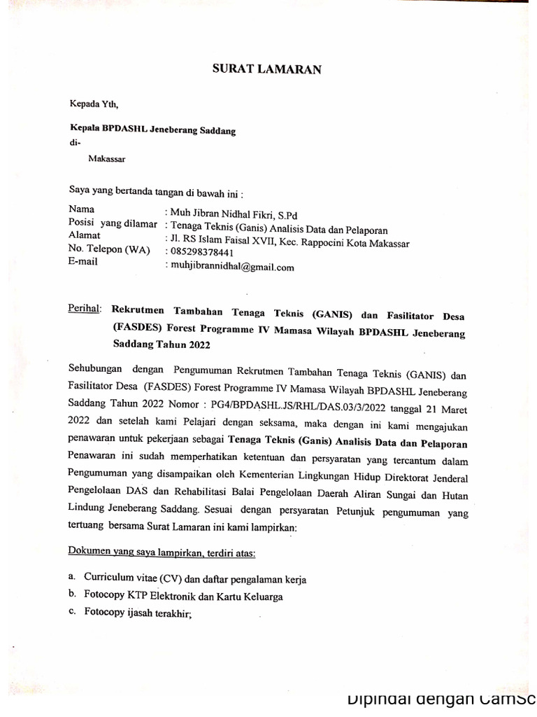 Berkas Lamaran Ganis - Bpdashl - Muh Jibran Nidhal Fikri | PDF