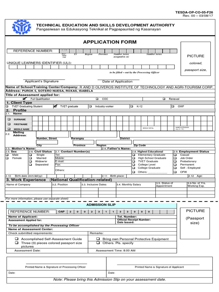 TESDA Assessment Application Form (TESDA All QUALIFICATIONS) | PDF