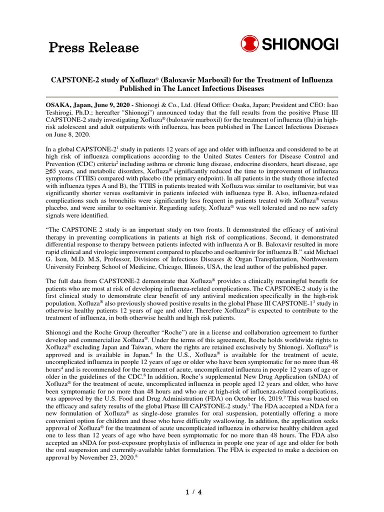 CAPSTONE-2 Study of Xofluza® (Baloxavir Marboxil) For The Treatment of ...