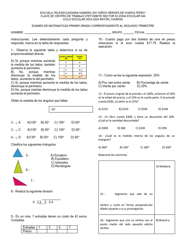 Examen Mate 3T 1º | PDF | Triángulo | Geometría