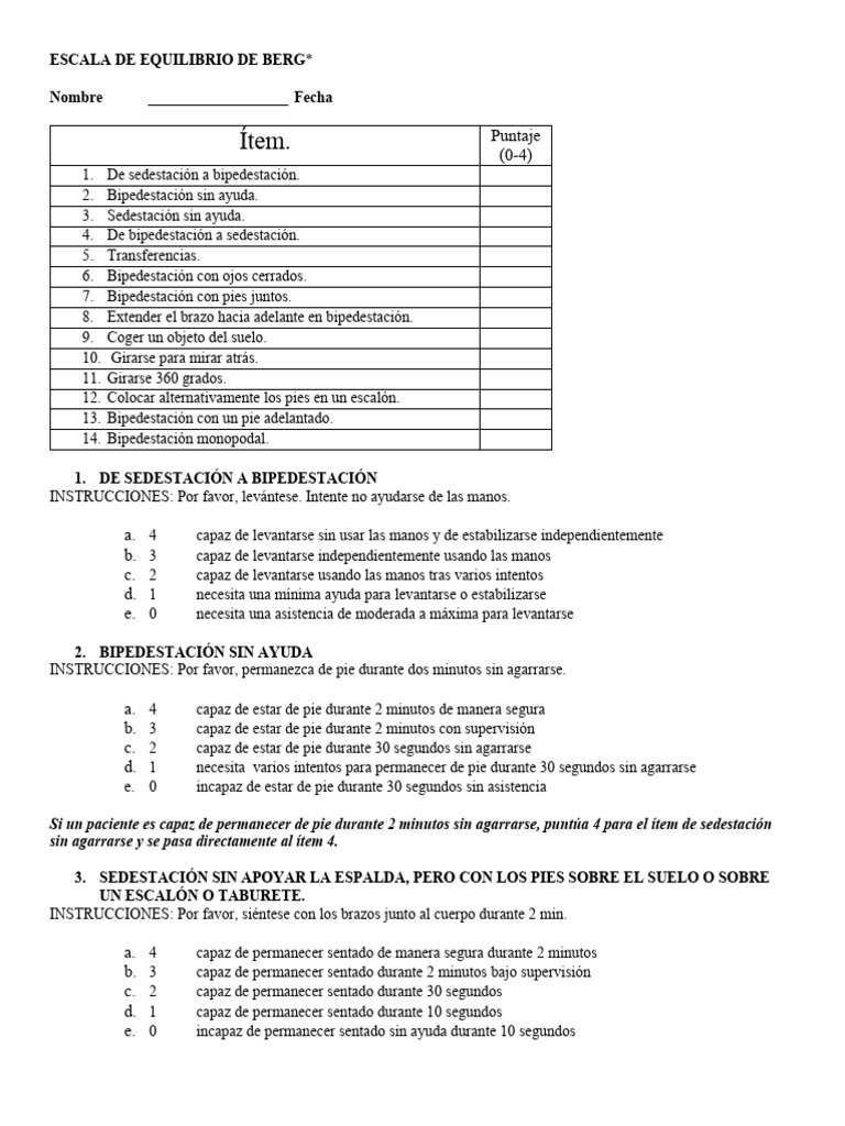Escala de Equilibrio de Berg | PDF