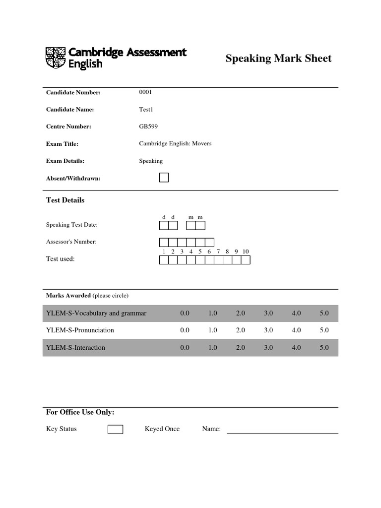 Speaking Mark Sheet - Movers (in 2 mặt) | PDF