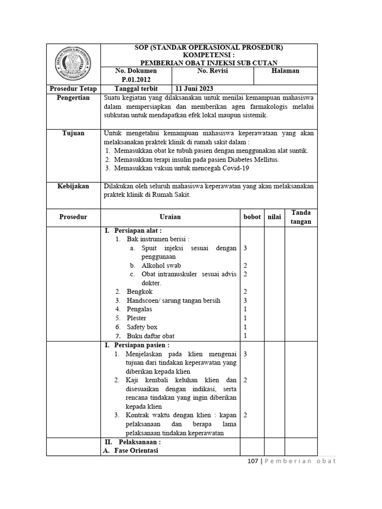 SOP Pemberian Obat Injeksi SC Nilai | PDF