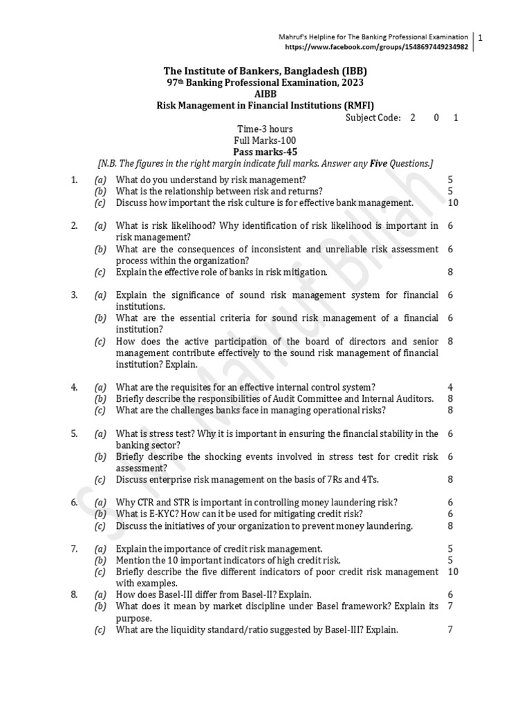 AIBB Risk Management Exam Questions 2023 | PDF | Internal Control | Audit