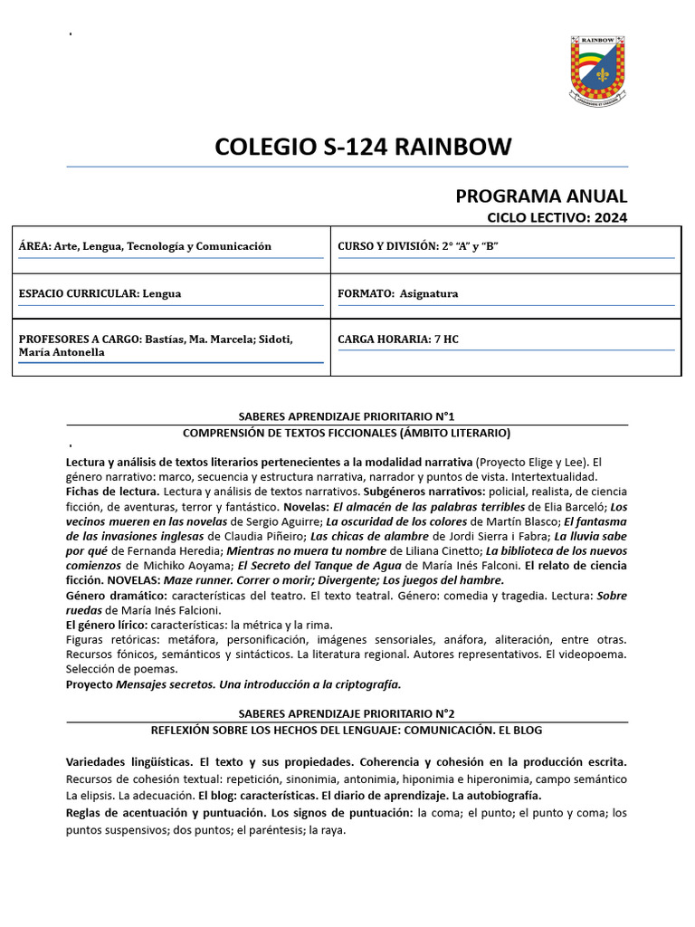 2°A - 2° B - Lengua - Programa 2024 | PDF | Oración (Lingüística) | Evaluación