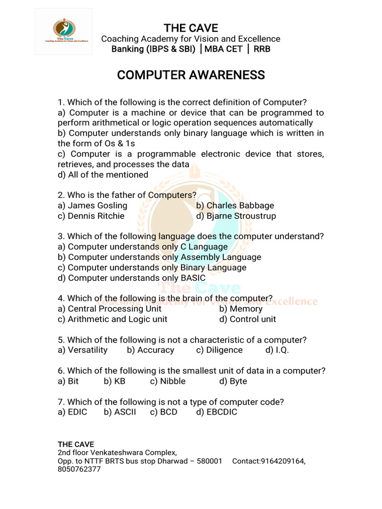 Test On Computer Awareness - 2024-1 | PDF | Computer Data Storage ...