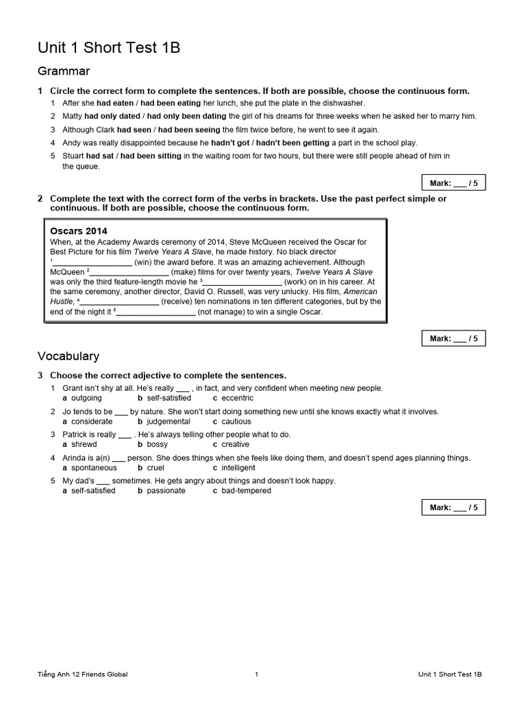 Tiếng Anh 12 Friends Global - Unit 1 - short - test - 1b | PDF ...