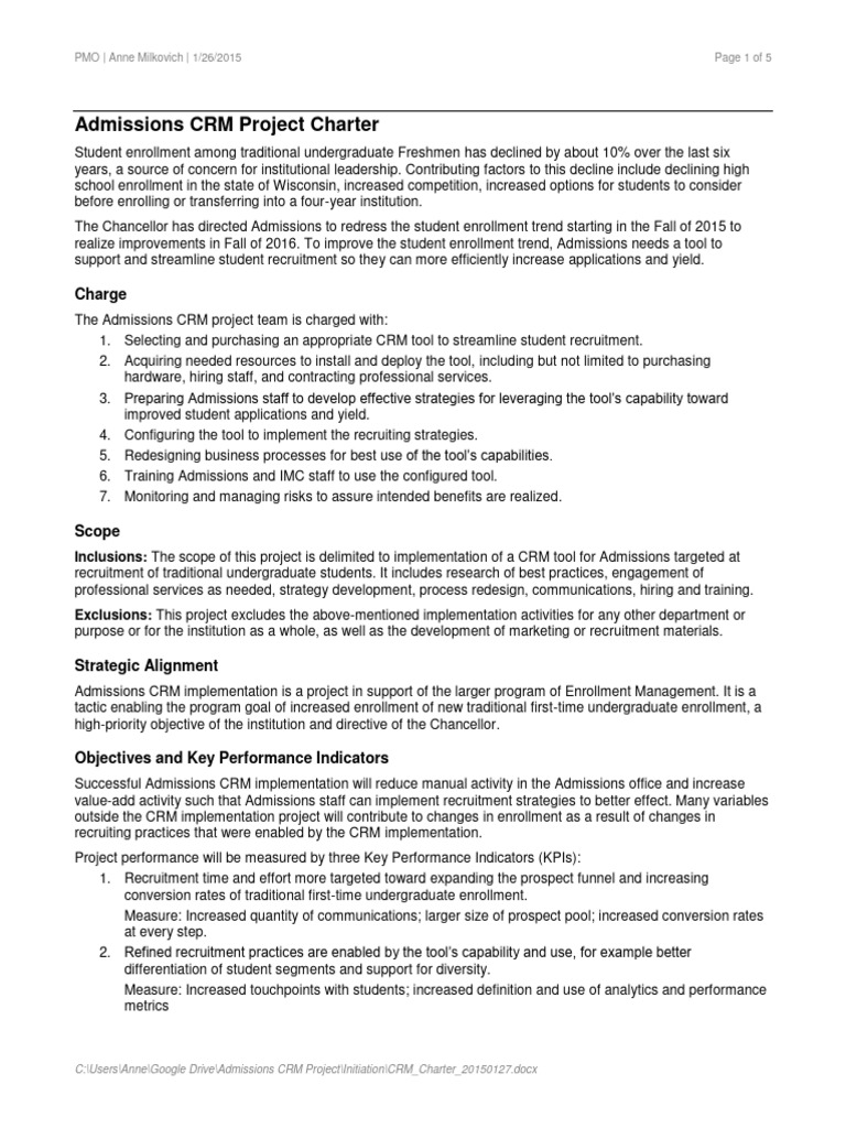 Crm Project Charter Template Pdf Customer Relationship Management