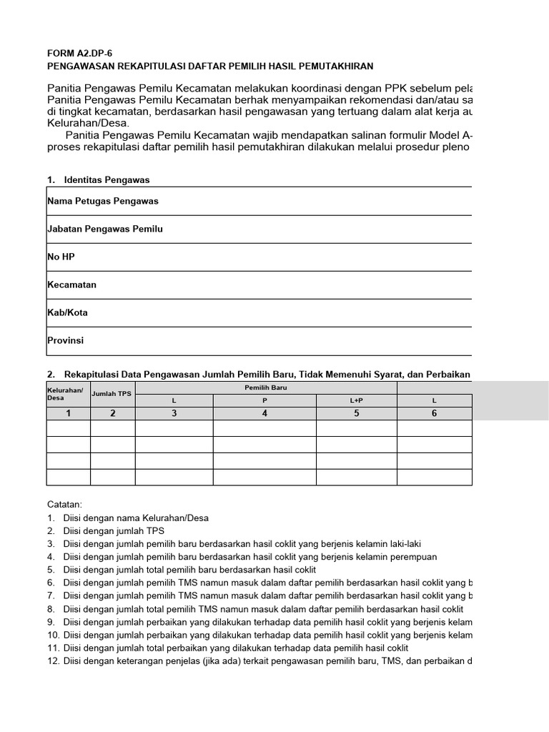 Alat Kerja Panwascam Pengawasan Rekapitulasi Daftar Pemilih Hasil Pemutakhiran | PDF
