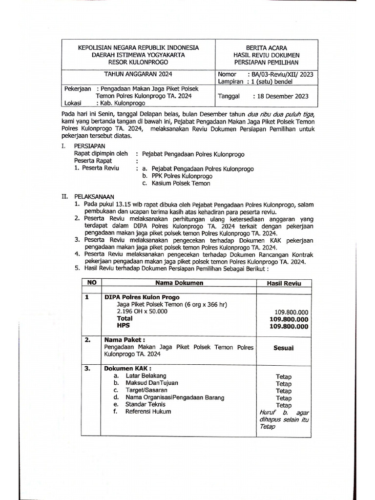 BA Hasil Reviu Dokumen Persiapan Pemilihan Temon | PDF