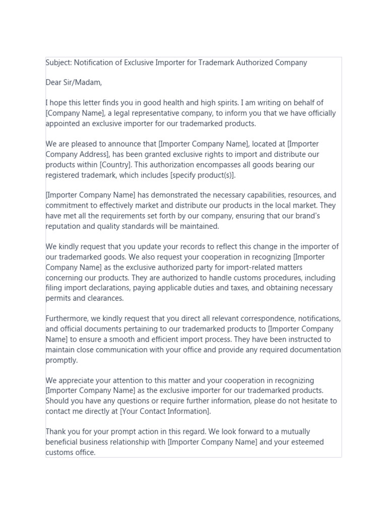 Exclusive Importer Notification Letter | PDF | Trademark | Customs
