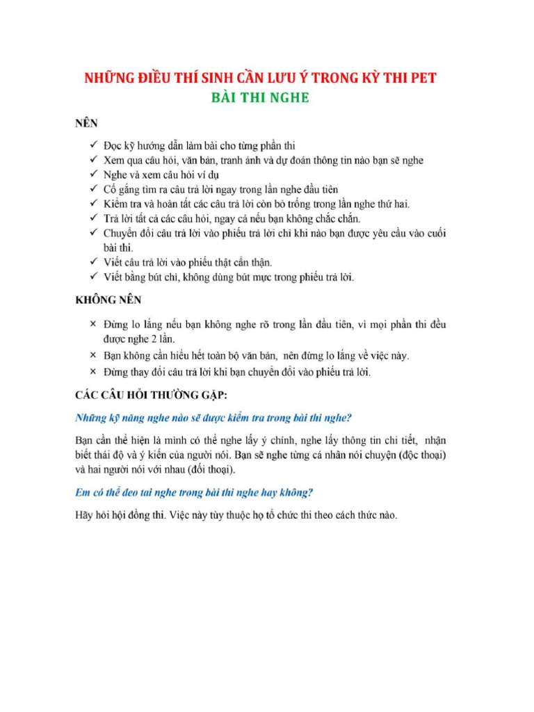 Nhung Luu y Cho Ky Thi PET | PDF