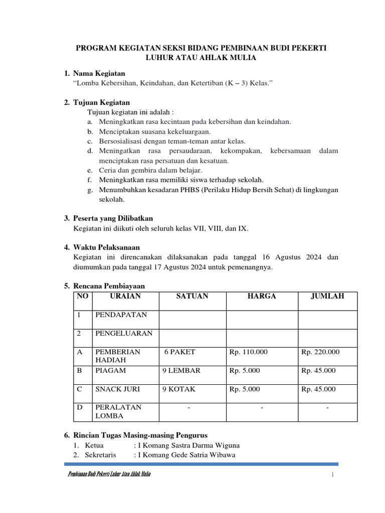 Program Kerja Pengurus Osis K-3 | PDF