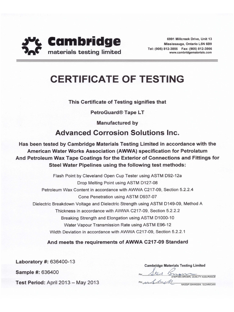 AWWA C217-09 Test Results - Tape | PDF | Materials Science | Building ...