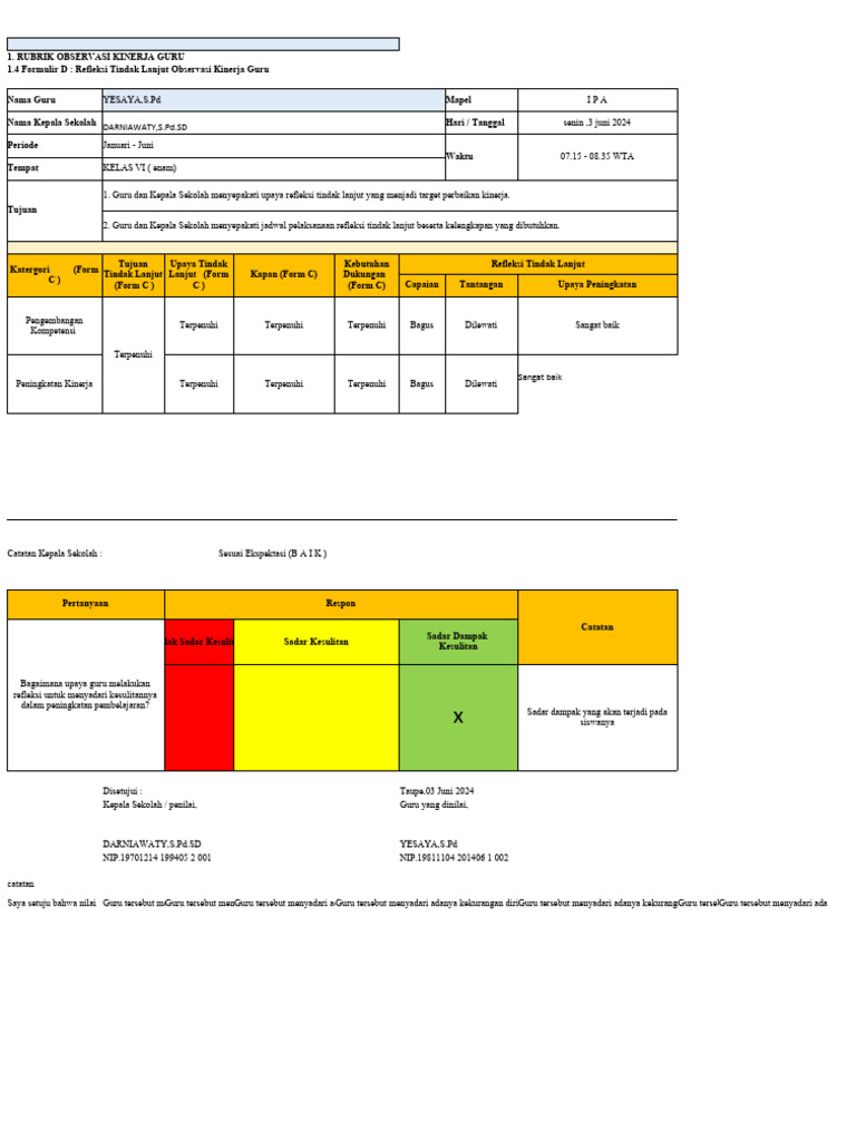 CONTOH Form C Observasi Kinerja Guru | PDF