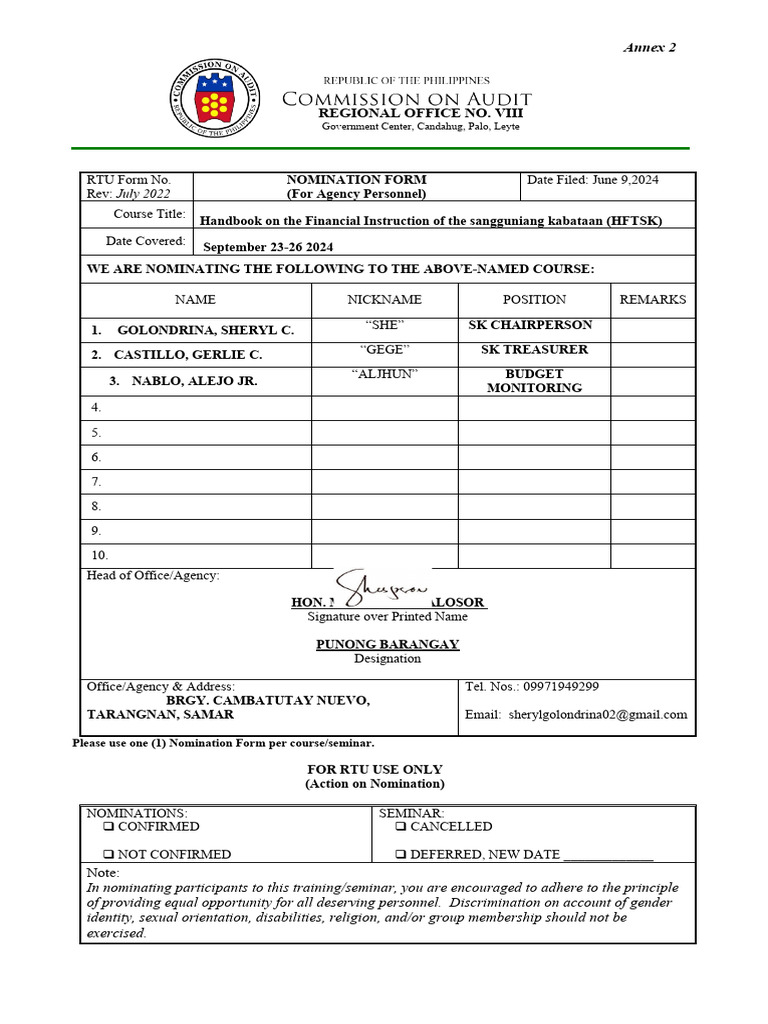 Coa-Nomination-Form Cambnuevo | PDF | Equality Rights | Discrimination