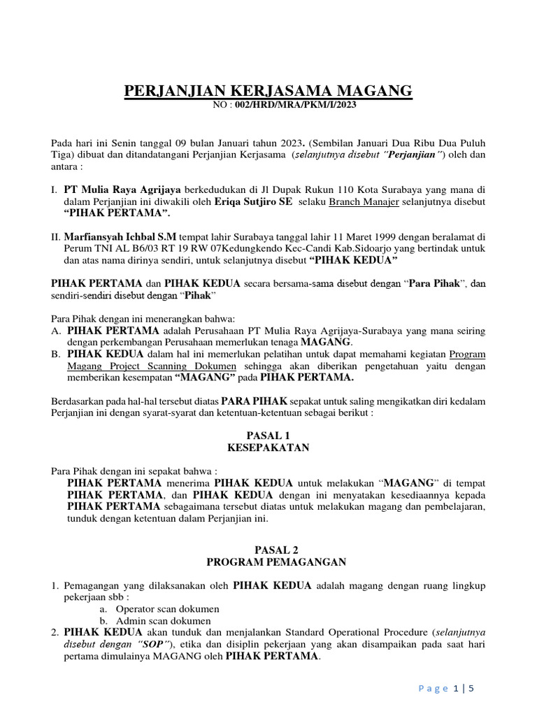 Perjanjian Magang Marfiansyah Ichbal S.M | PDF
