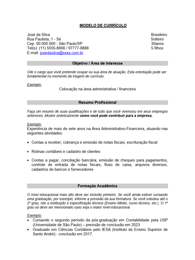 Exemplo De Perfil Profissional Em Curriculo Novo Exem Vrogue Co/modelo De Curriculo Editavel