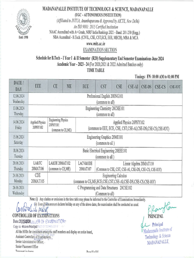 Time Table For - B.Tech I Year I & II Semester (R20) Supplementary End Exams June 2024 | PDF