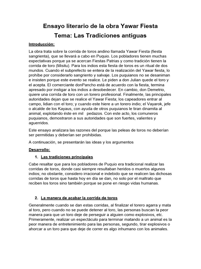 Ensayo literario de la obra Yawar Fiesta | PDF