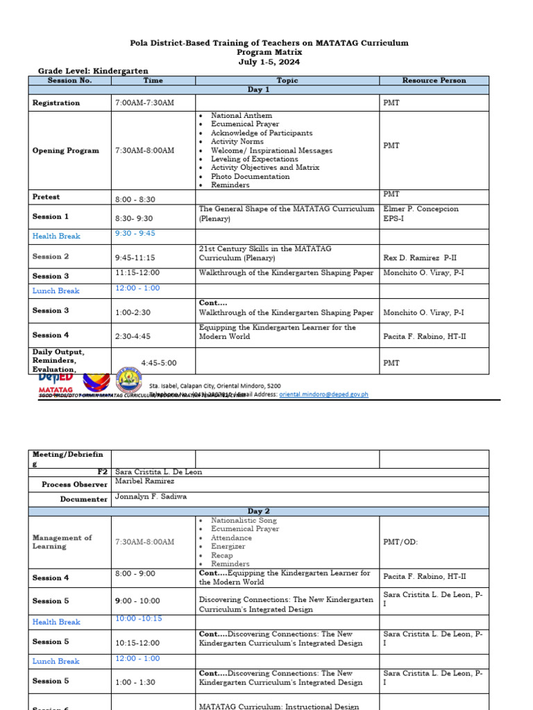 Kinder - Pola - District Based Training Matrix On MATATAG Curriculum 1 ...