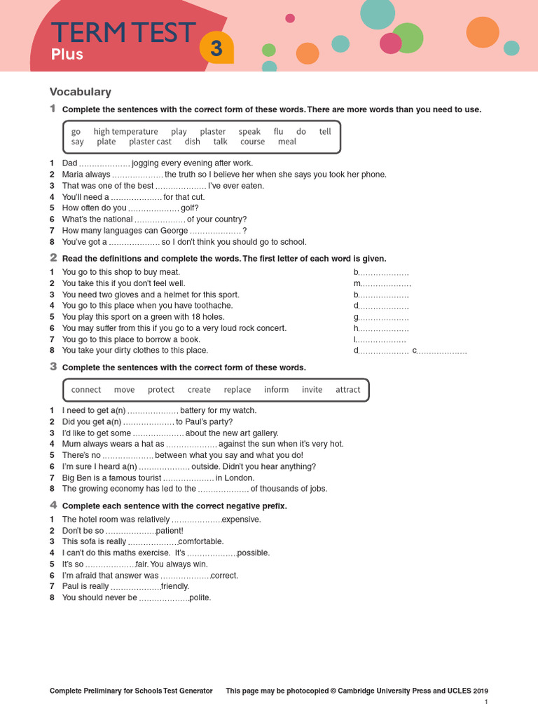 Complete Preliminary For Schools Term Test 3 Plus | PDF Complete Preliminary For Schools Term Test 3 Plus | PDF