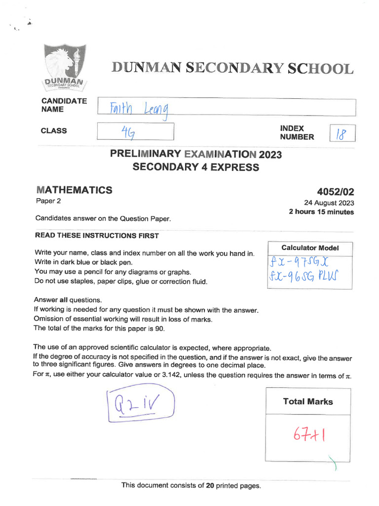 Dunman Sec p2 Student Ans | PDF