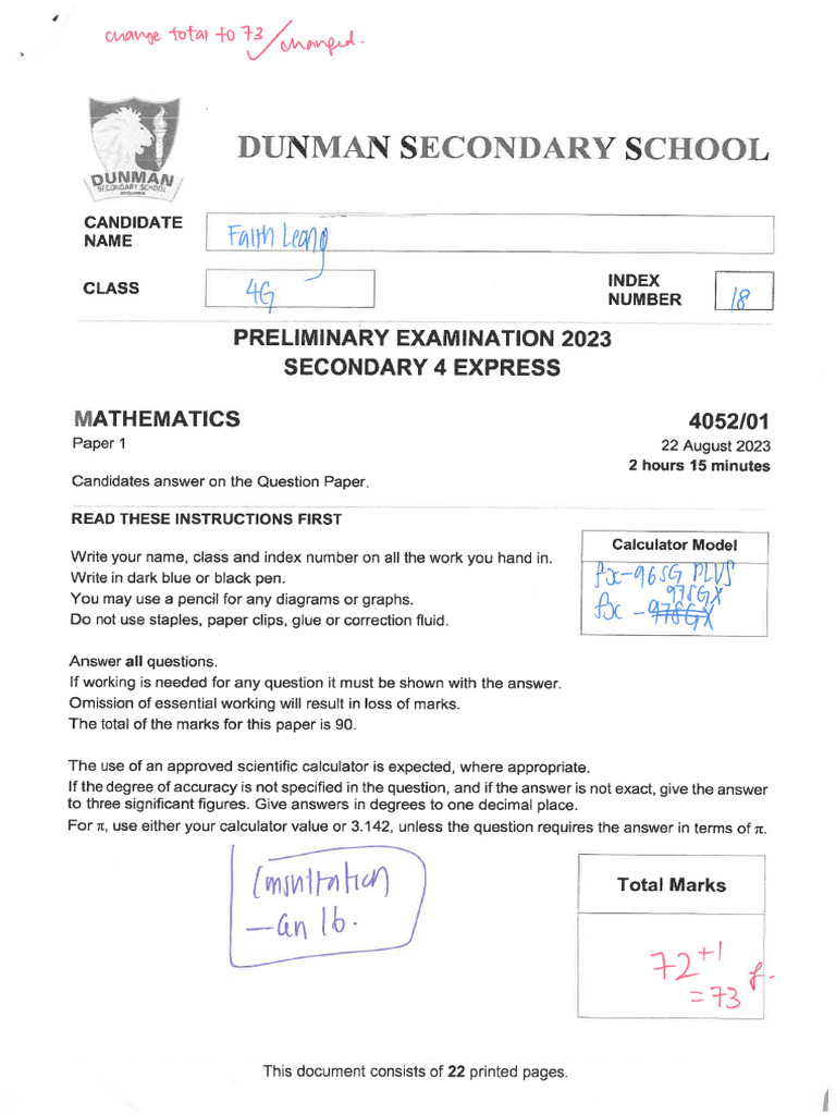 Dunman Sec p1 Student Ans | PDF