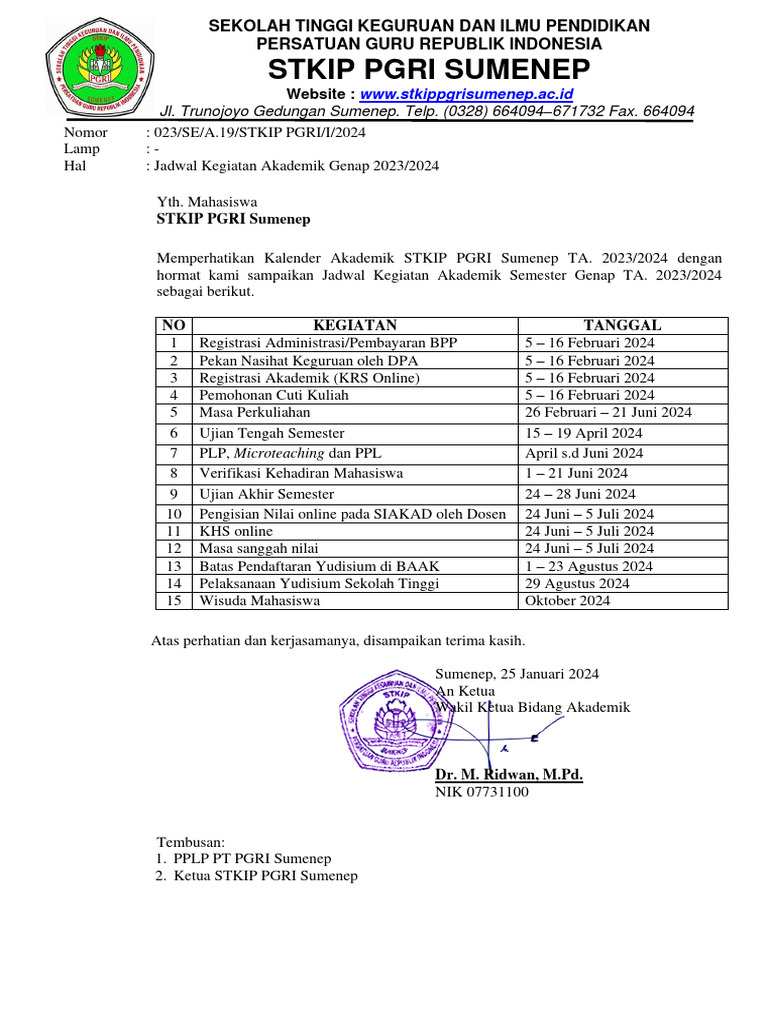 Jadwal Akademik Genap 2023/2024 STKIP PGRI Sumenep | PDF | Karier & Perkembangan