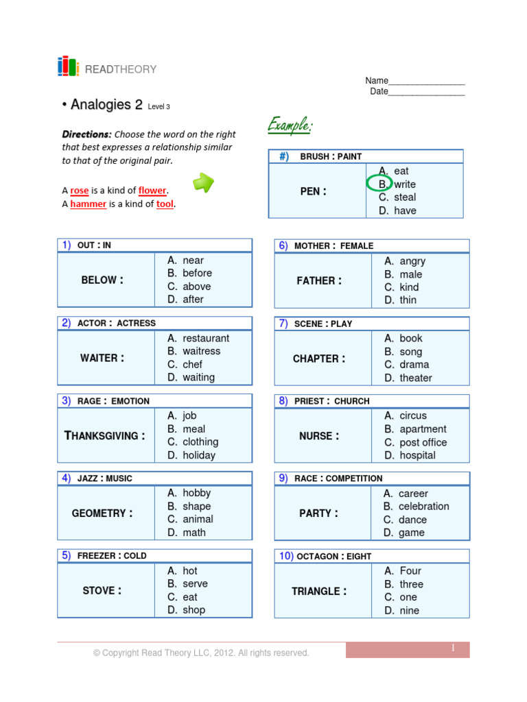 Level 3 Analogies 2 | PDF | Waiting Staff