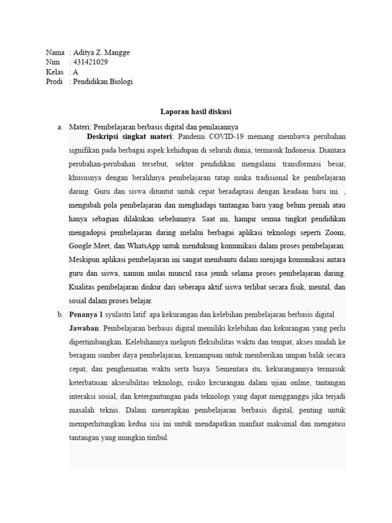 Laporan Hasil Diskusi Kurikulum Pembelajaran Biologi | PDF