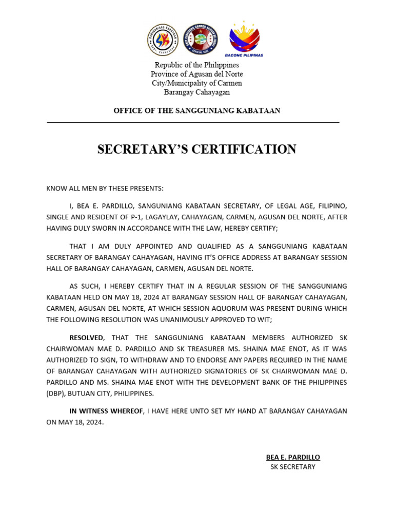 Secretary Certification | PDF