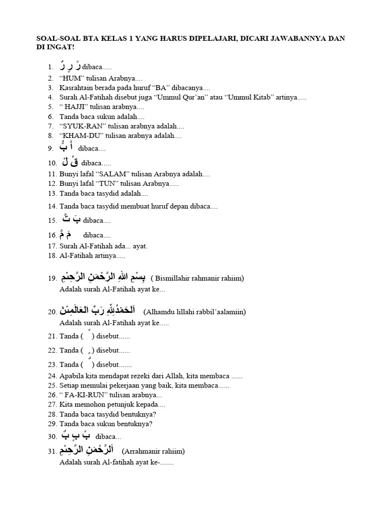 Kisi-kisi BTA kelas 1 genap | PDF