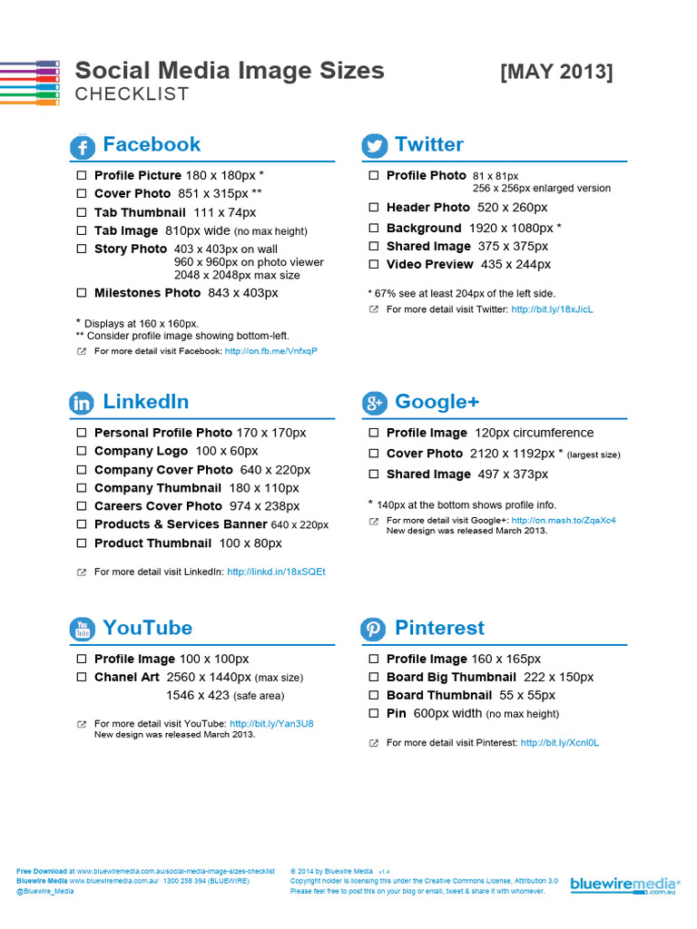 Social Media Image Sizes Checklist v1.4 | PDF | Google+ | Social Network