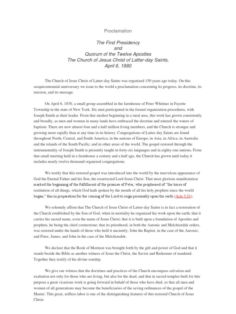 Proclamation | Revelation (Latter Day Saints) | The Church Of Jesus ...