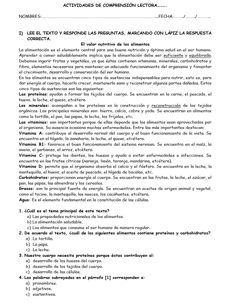 Actividades de Comprensión Lectora 28 de Junio | PDF | Alimentos ...