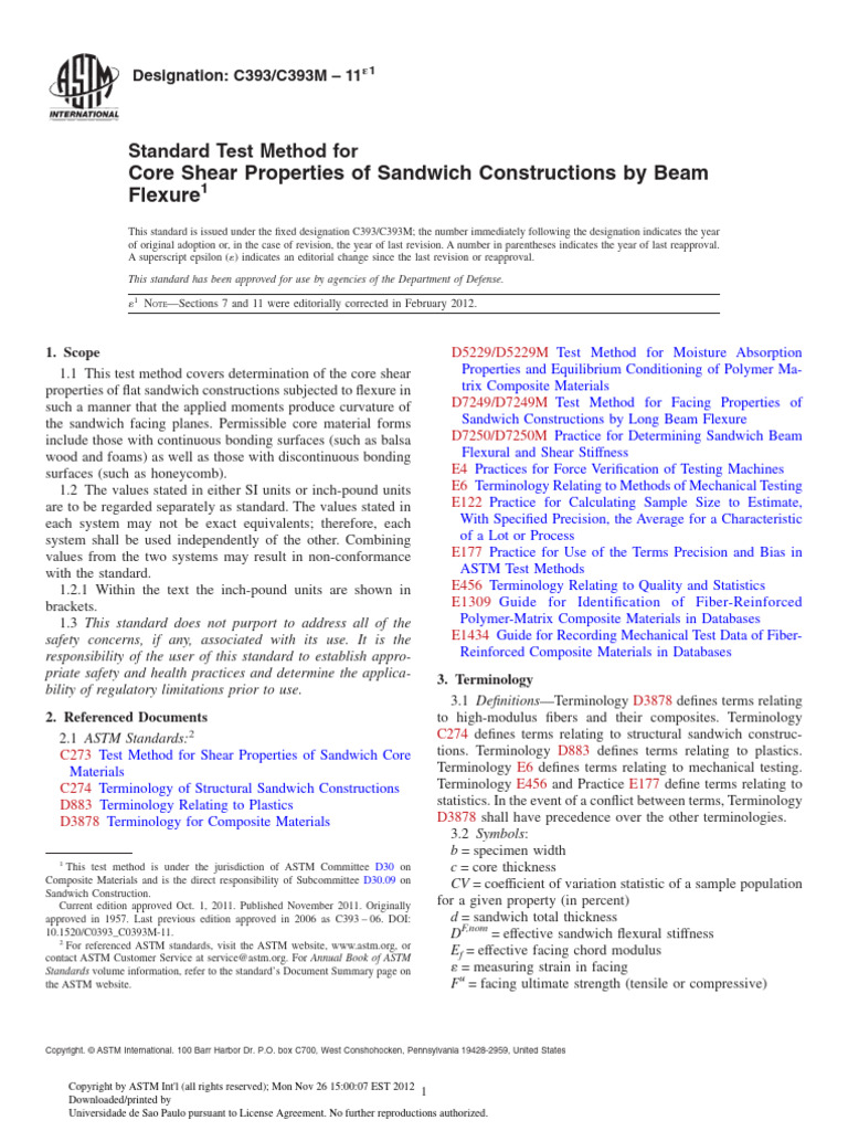 ASTM C393 Sandwich Flexure | PDF | Strength Of Materials | Bending