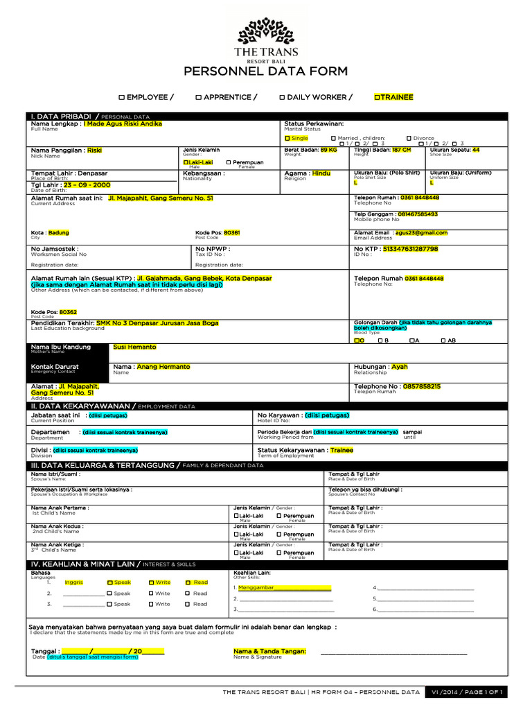 1. PERSONNEL DATA FORM (Contoh Yang Sudah Dilengkapi) | PDF