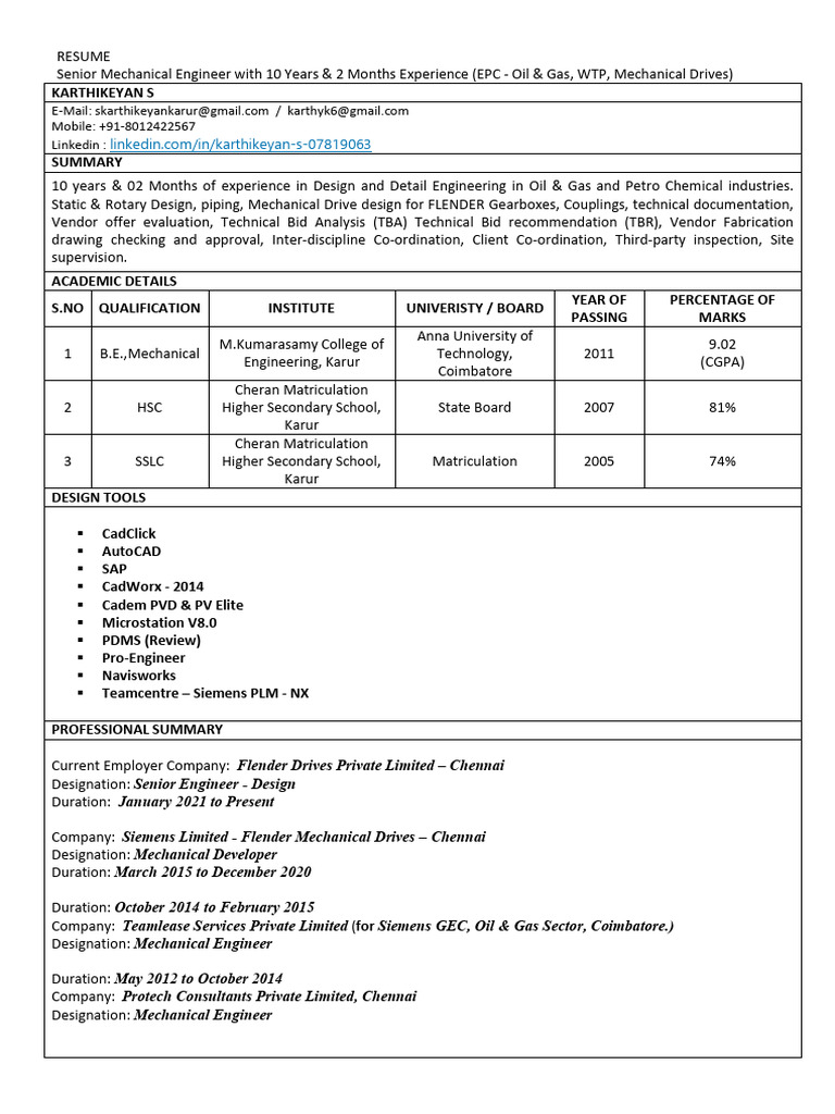 Resume Karthikeyan S Mech | PDF | Mechanical Engineering | Engineering