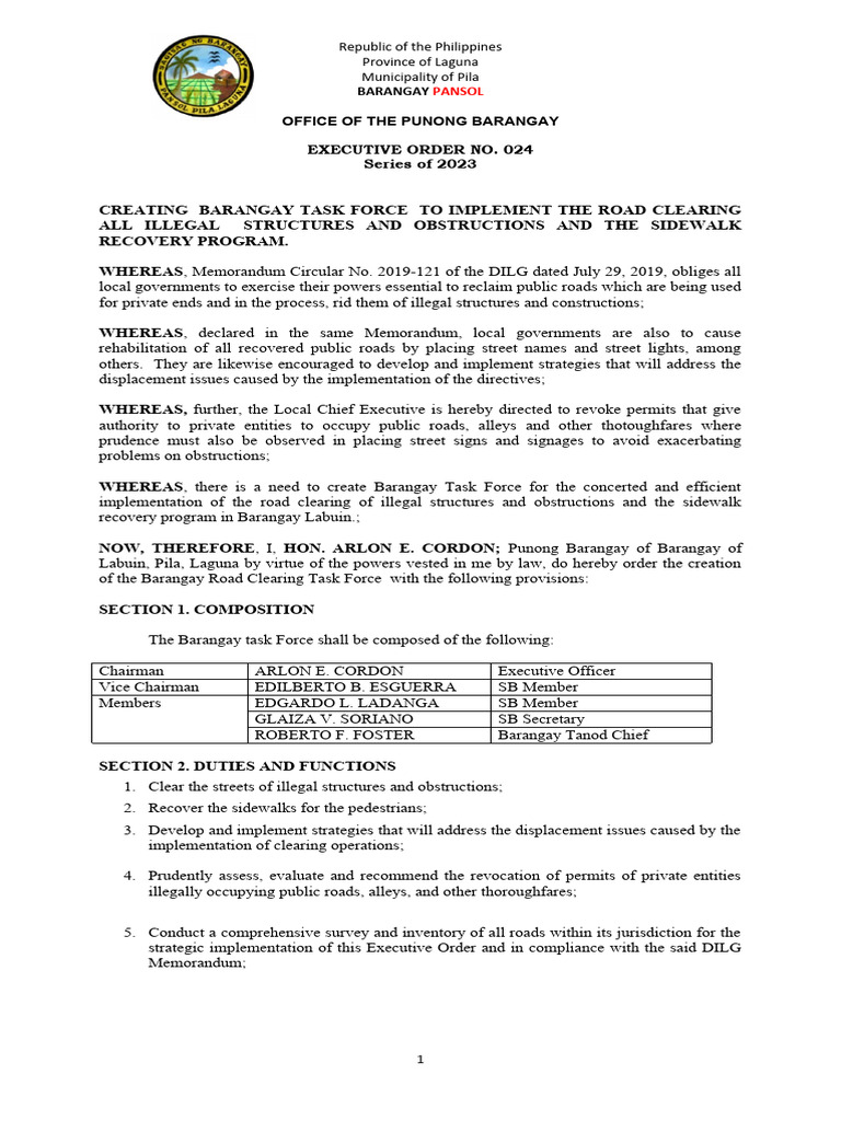 EO No. 024 BARANGAY ROAD CLEARING TASK FORCE | PDF | Justice | Crime ...