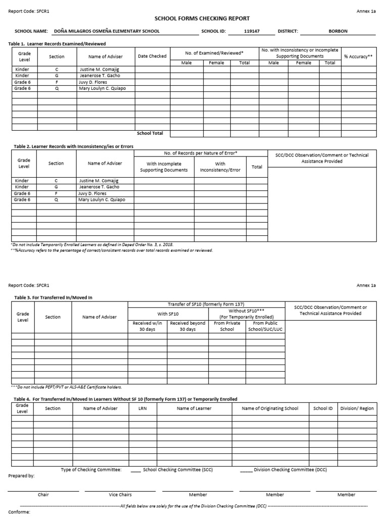 School Forms Checking Report | PDF