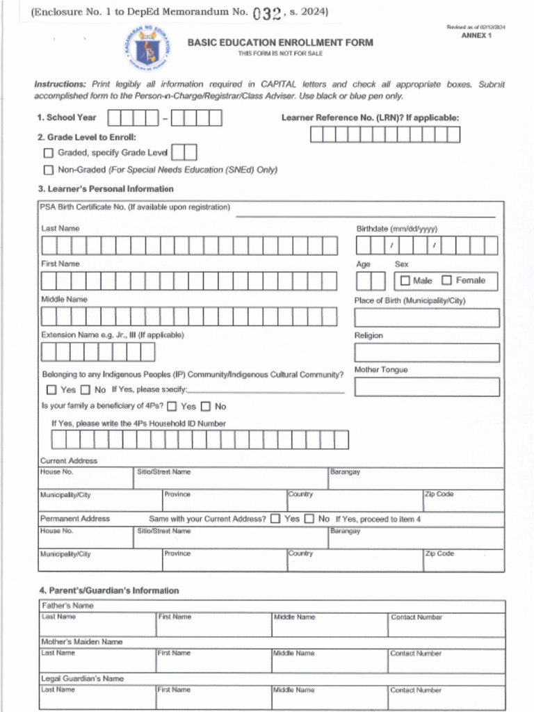 Basic Education Enrollment Form 2024-2025 | PDF
