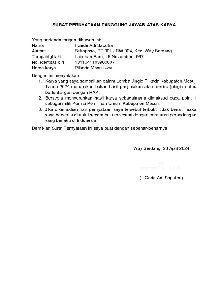 Jingle-Format Surat Pernyataan Karya | PDF
