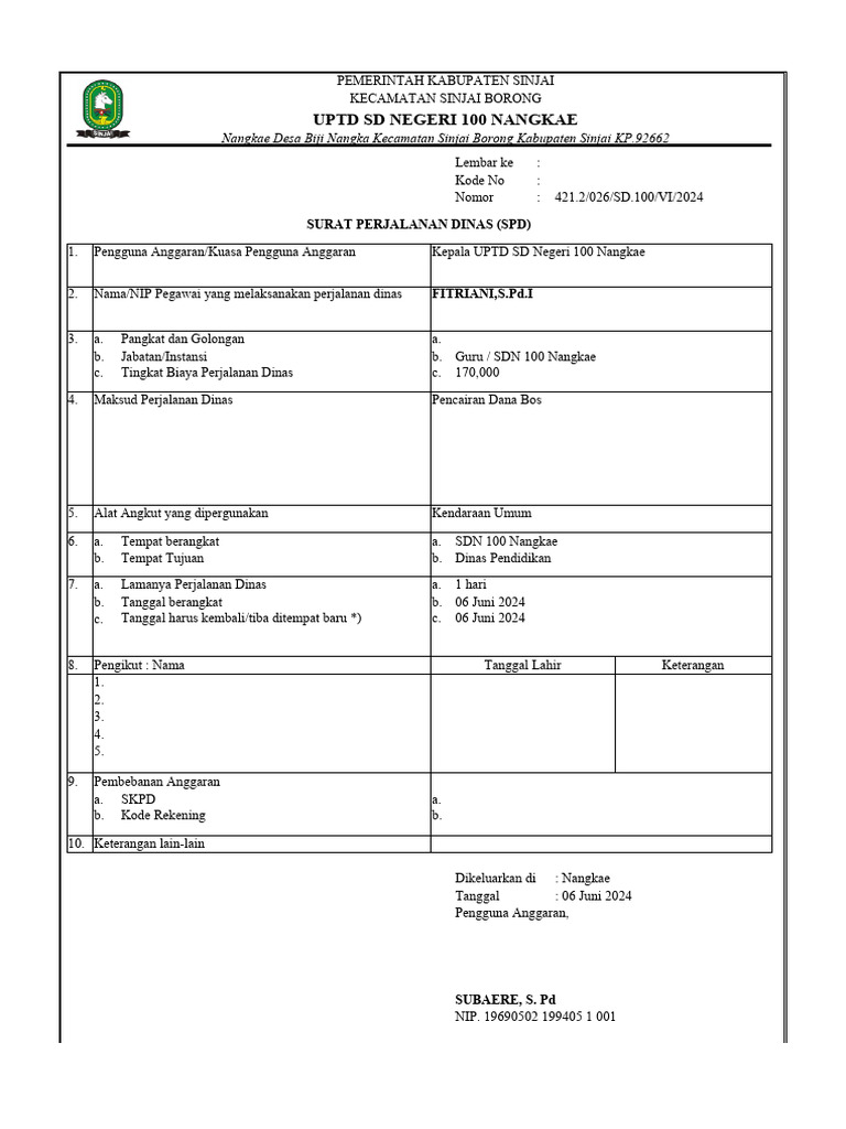 Fotmat Surat Perintah Perjalanan (SPD) 2024 | PDF