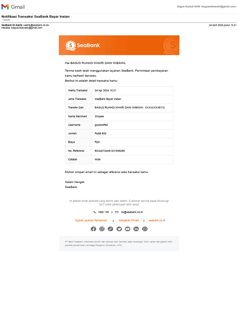 Gmail - Notifikasi Transaksi SeaBank Bayar Instan | PDF