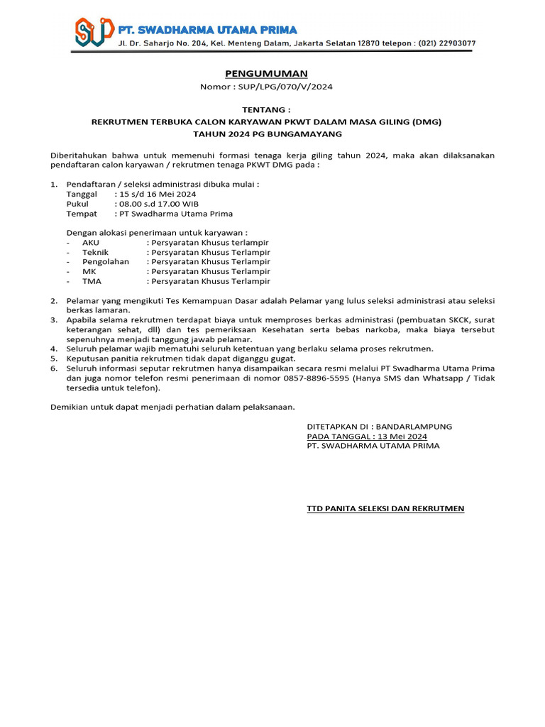 Pengumuman Rekrutmen PKWT DMG 2024 | PDF