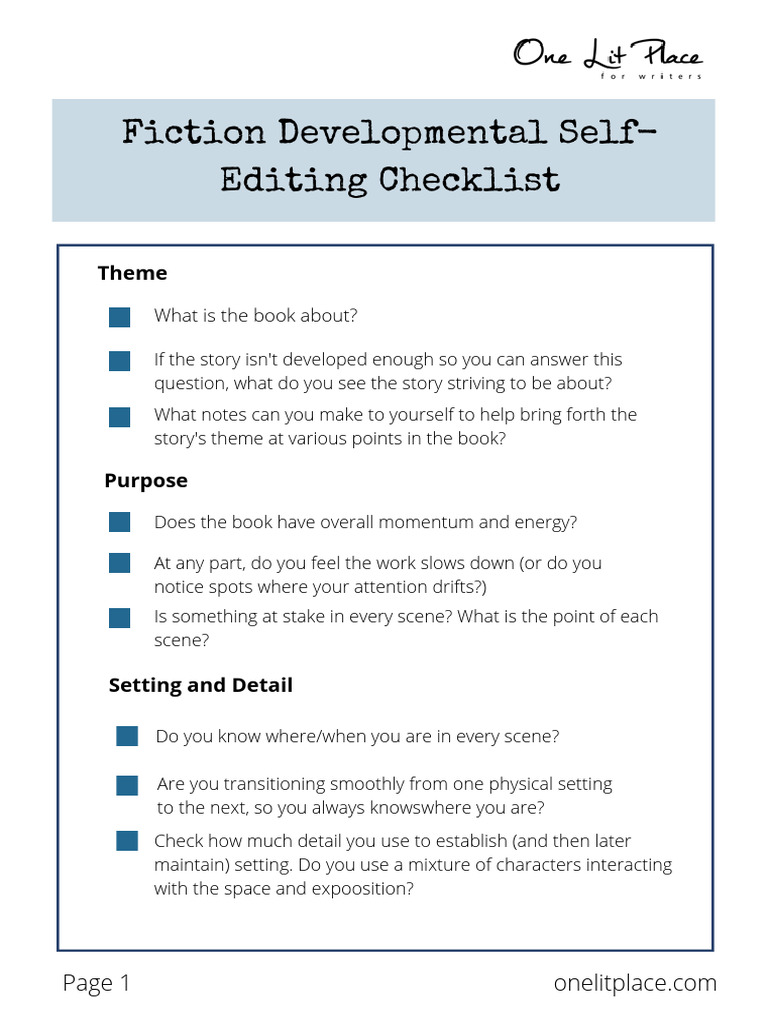 Fiction Developmental Self Editing Checklist 1 | PDF
