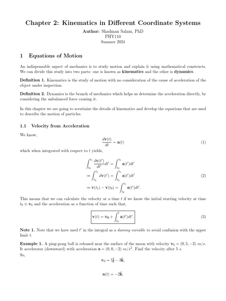 Chapter_2_Kinematics in Various Coordinate Systems | PDF | Acceleration | Coordinate System