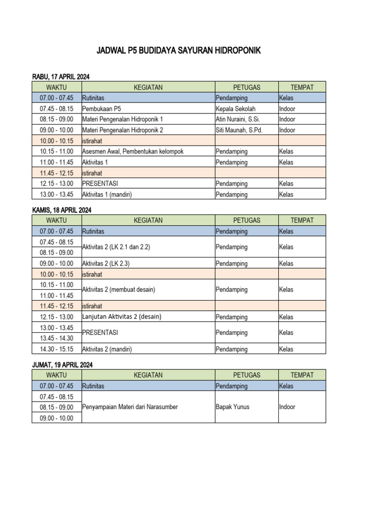 Jadwal P5 Hidromega 2024 | PDF | Griya & Taman